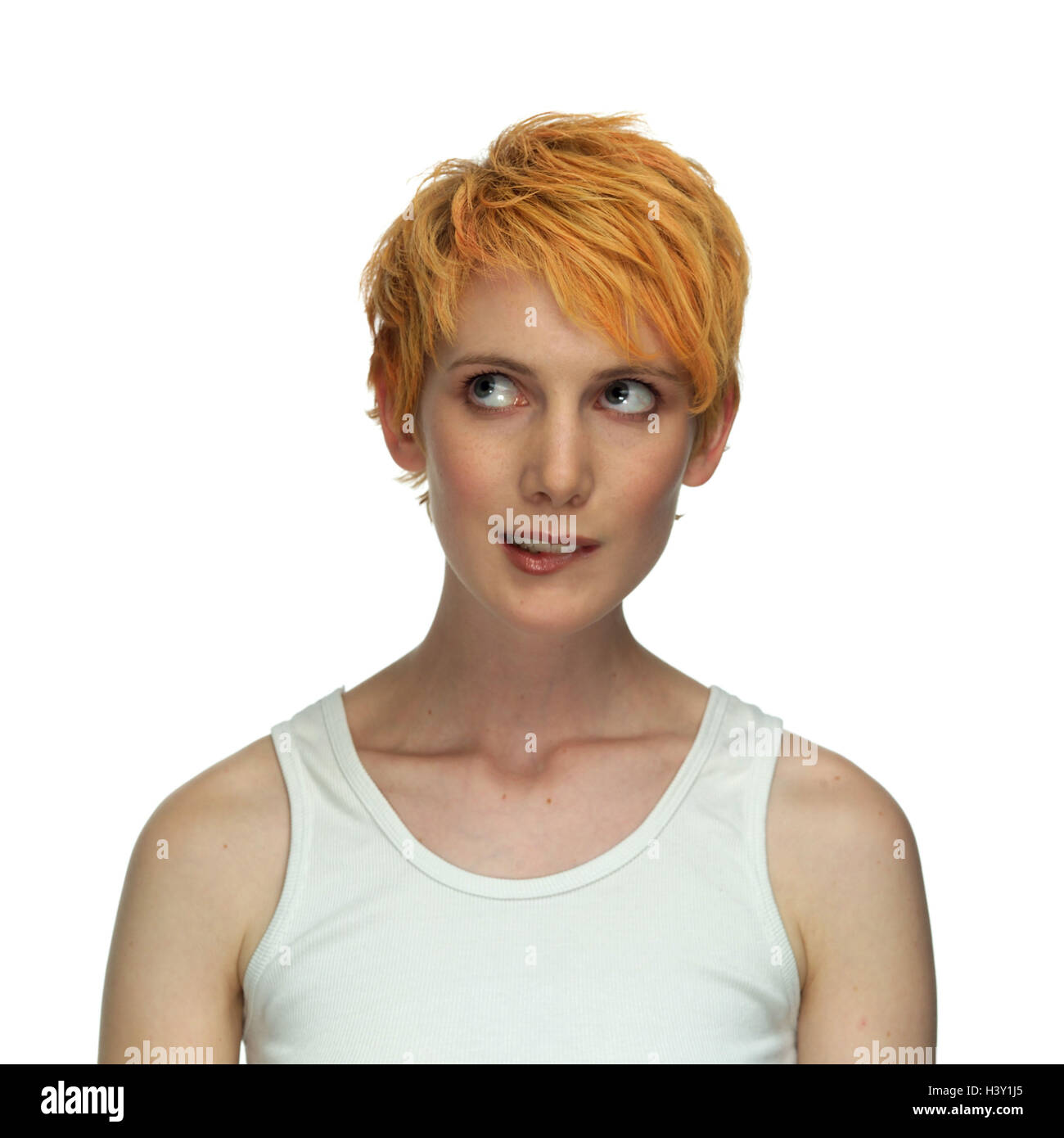 Woman, young, vest, facial play, lay, portrait, model released, studio ...