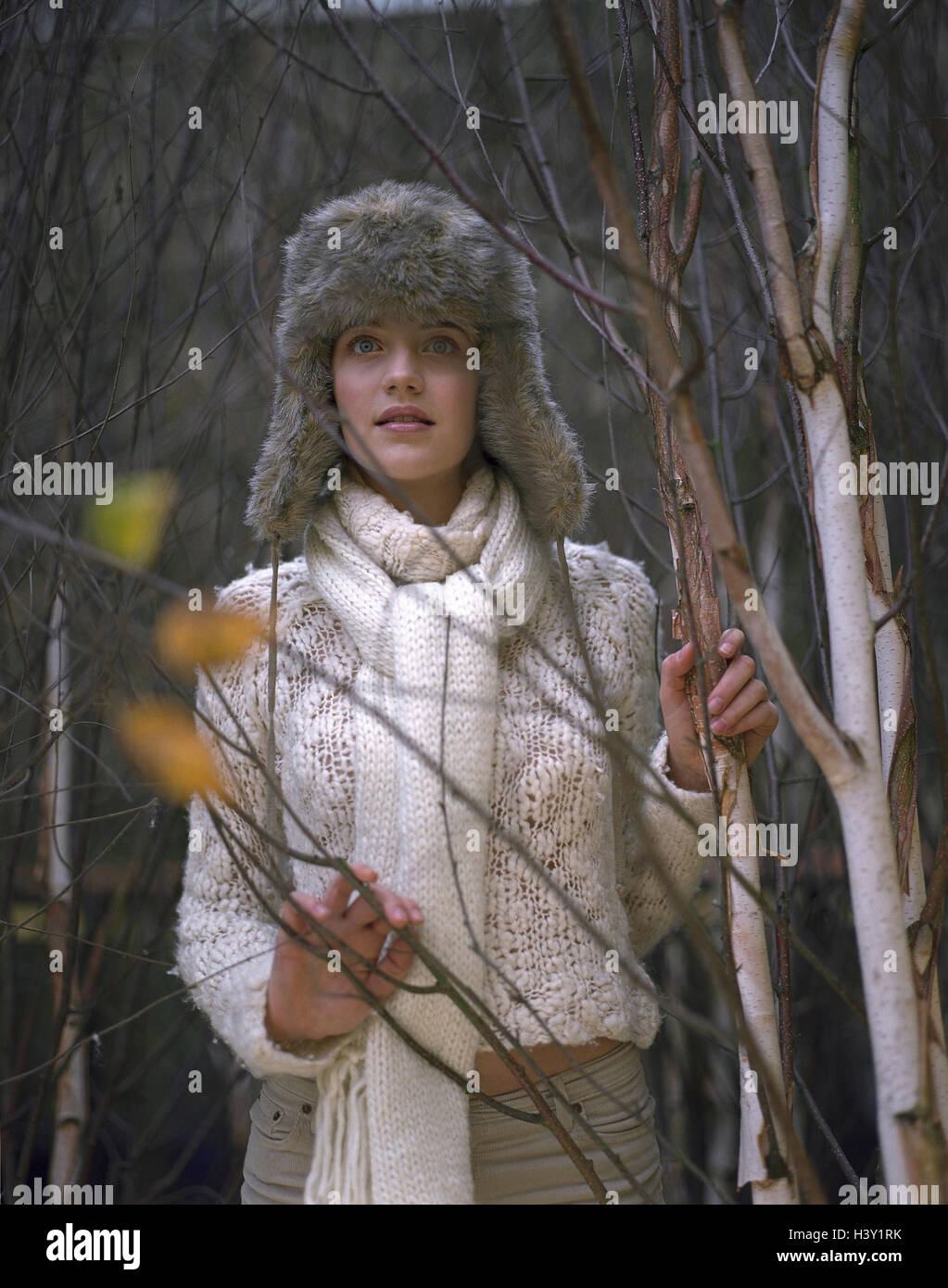 Wood, shrubs, woman, young, fur cap, stand, enjoy half portrait, very ...
