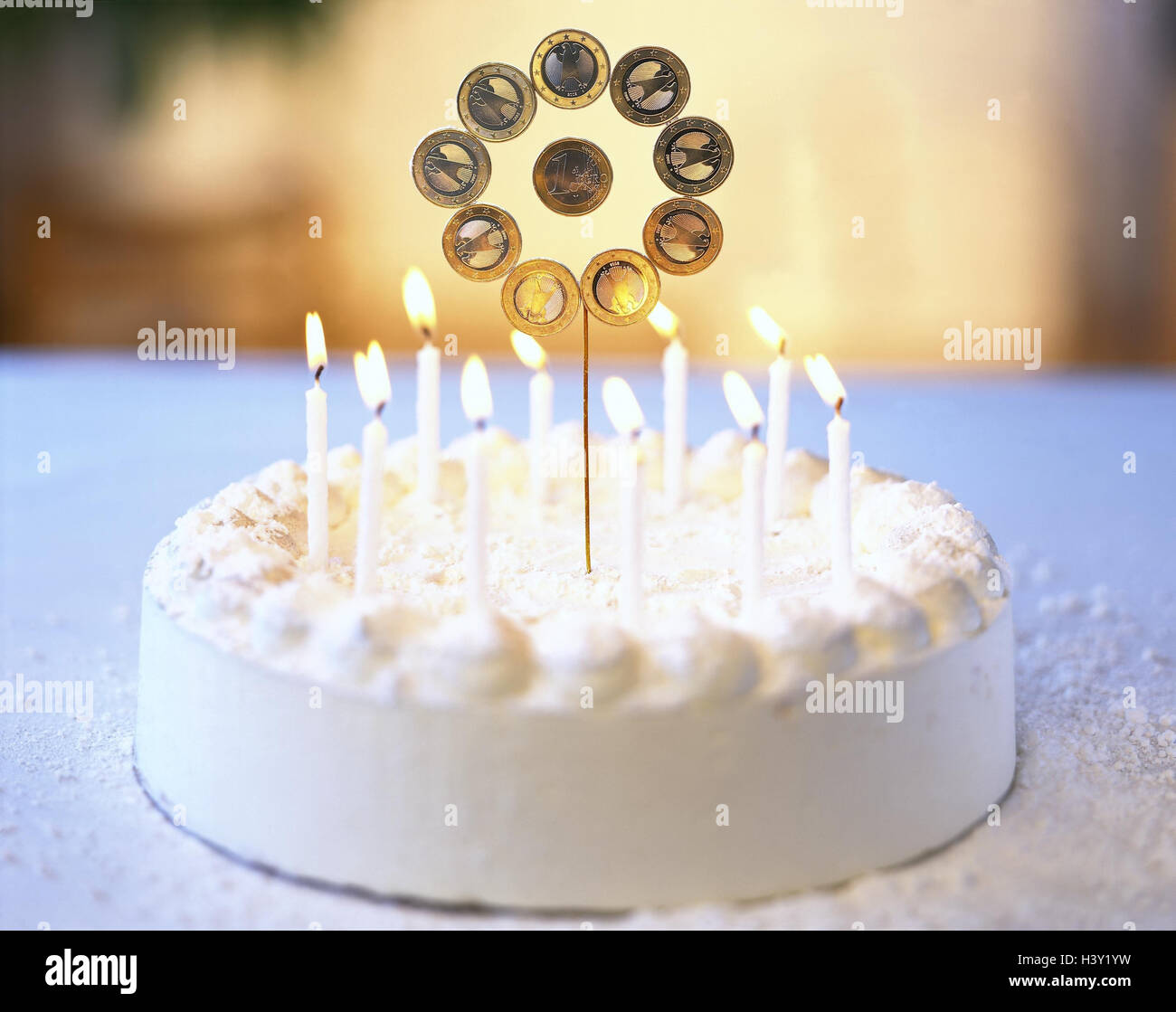 Icon, introduction, euro, cake, white, candles, euro coins, Still life ...