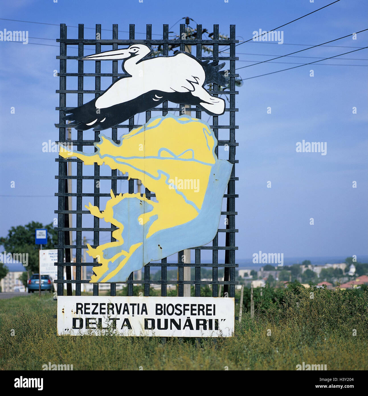 Romania, Danube delta, Tulcea, outskirts, sign, "reserve of the ...