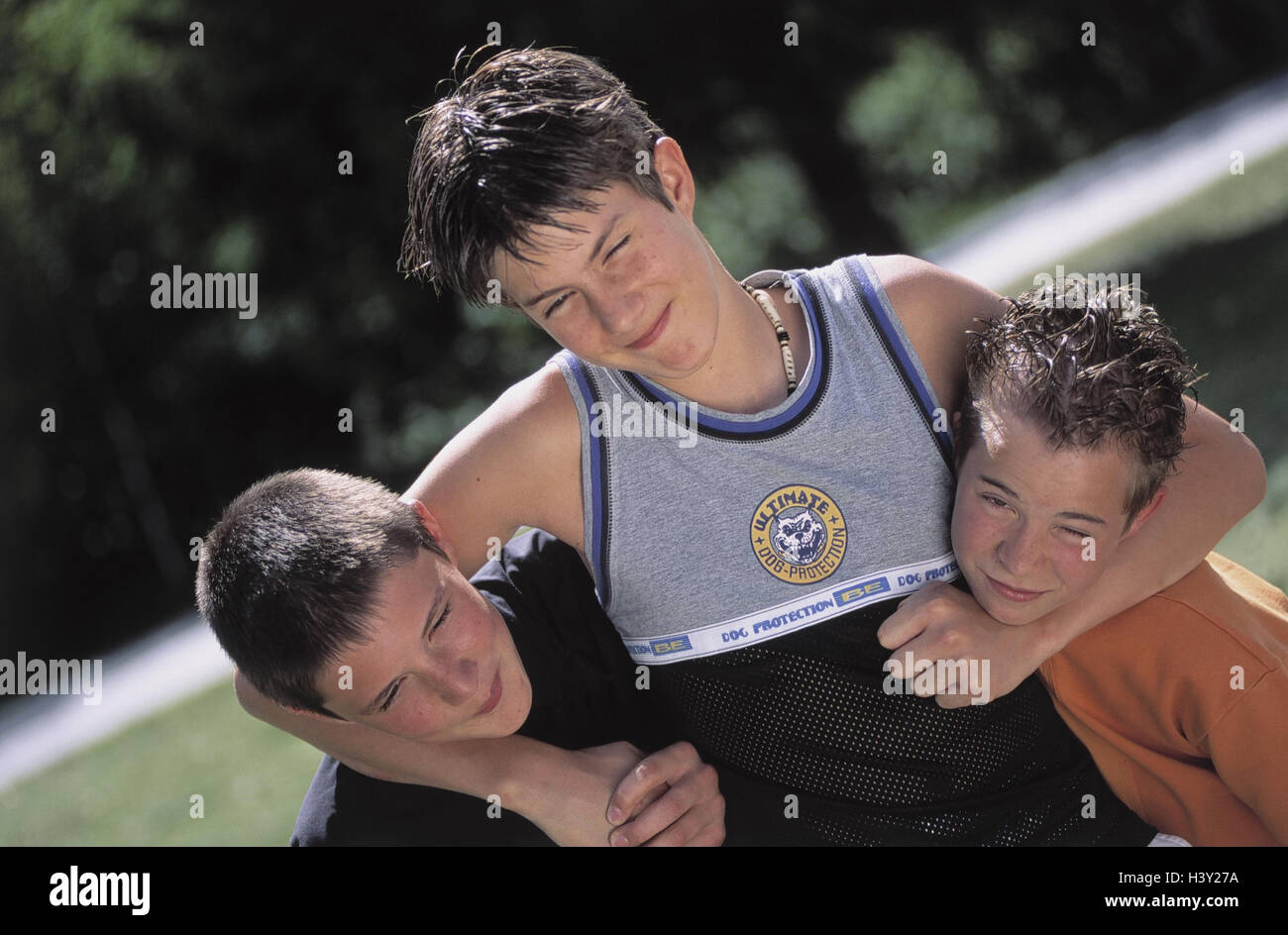 Boys, friends, three, arm in arm, fun, leisure time, summer, outside ...