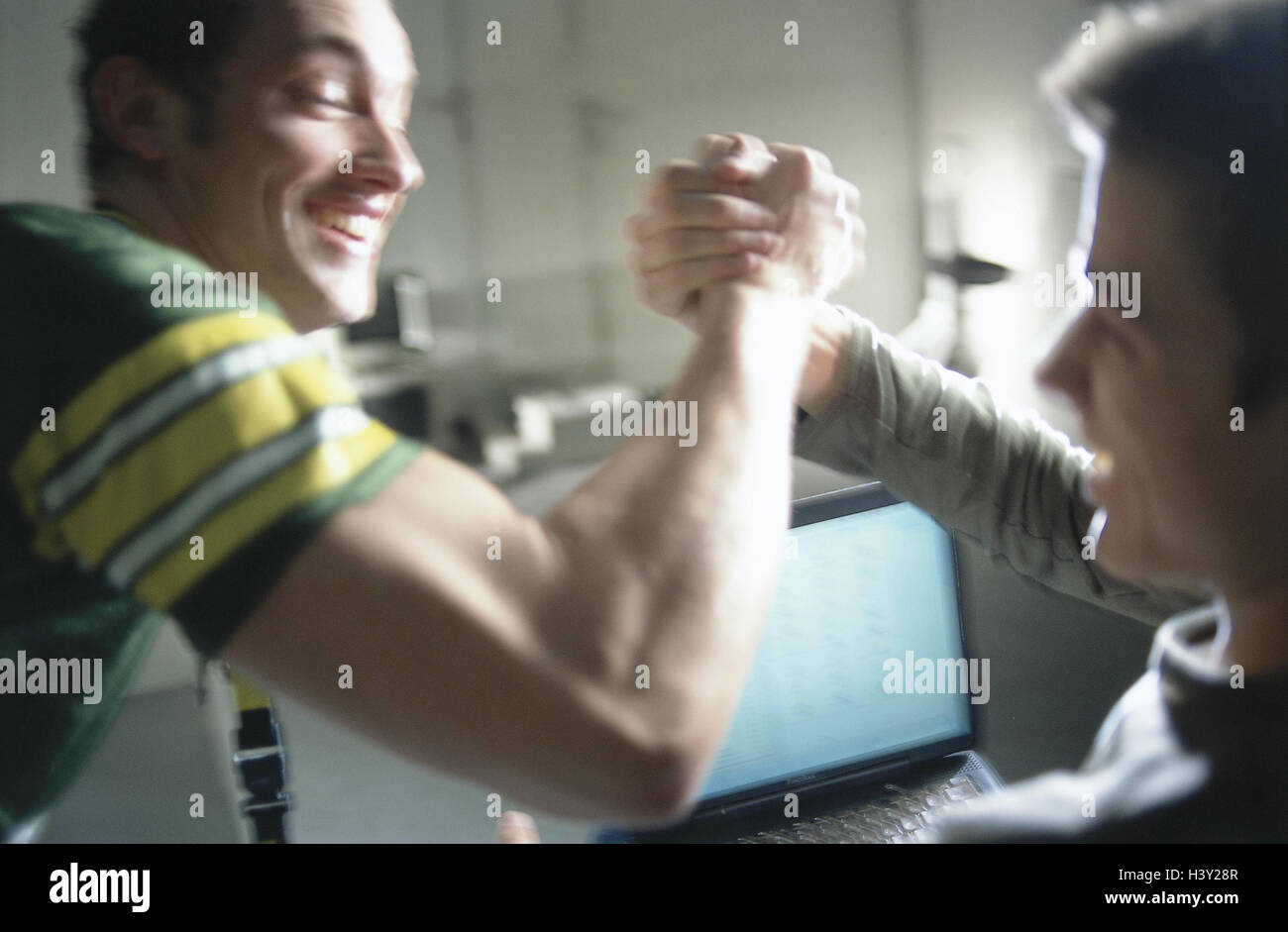 Men, young, slap, laptop, detail, blur inside, young, friends, mates ...