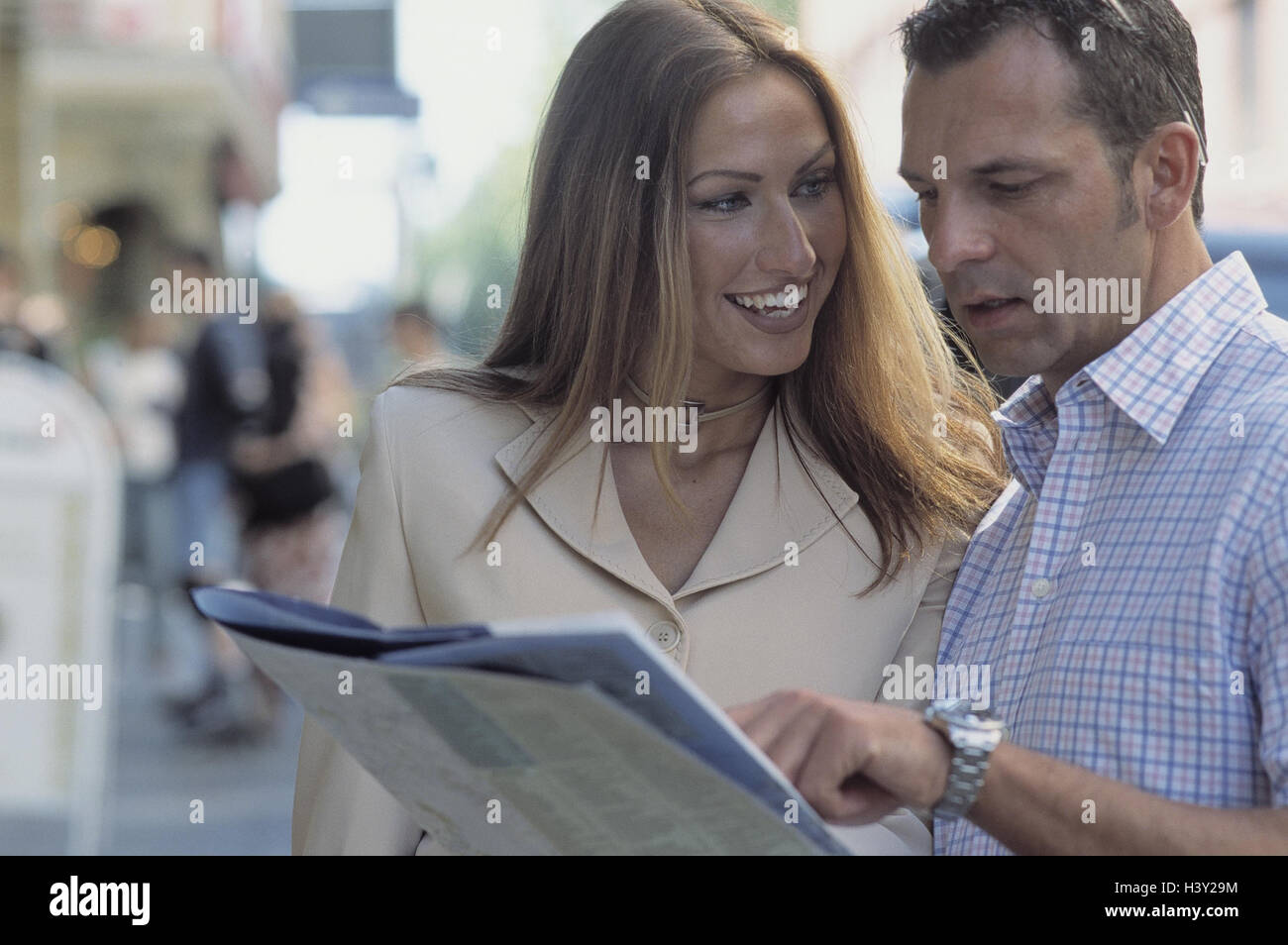 Couple, city map, study, point, happy, man, declare, portrait, outside ...
