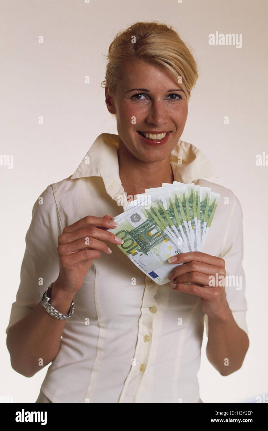 Woman, happy, banknotes, diversified, half portrait, studio, young ...