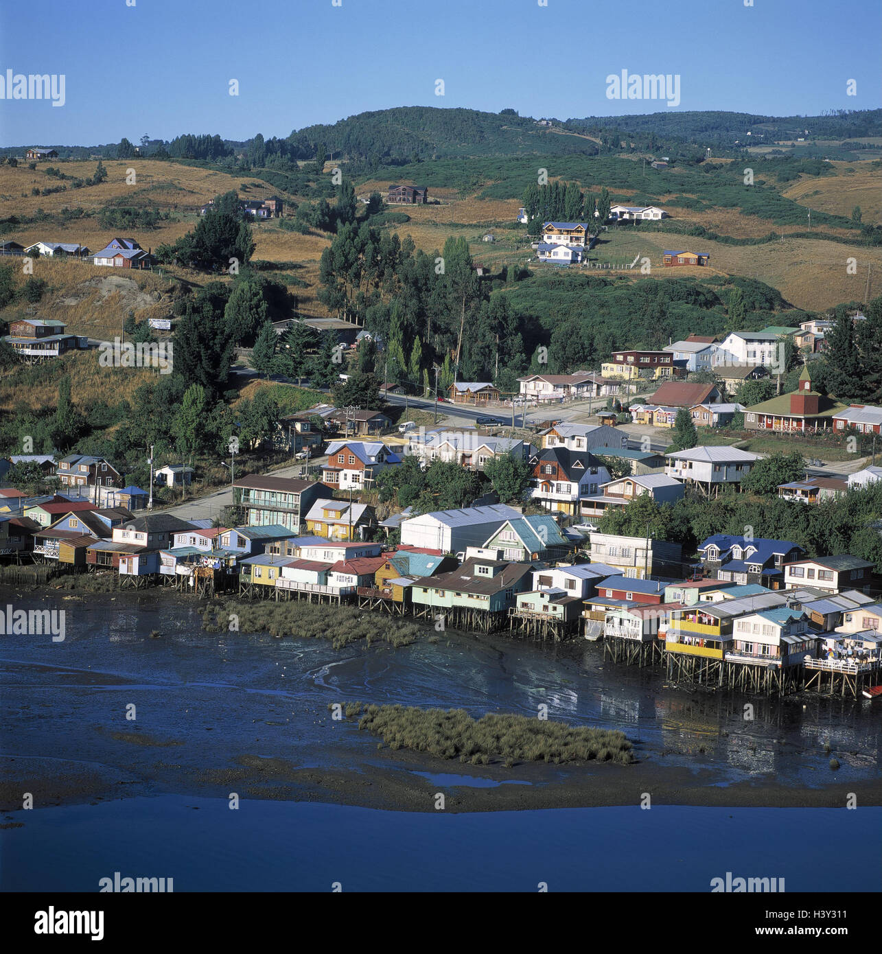 Chile, Chiloe island, Castro, town view, Rio Gamboa, South America ...