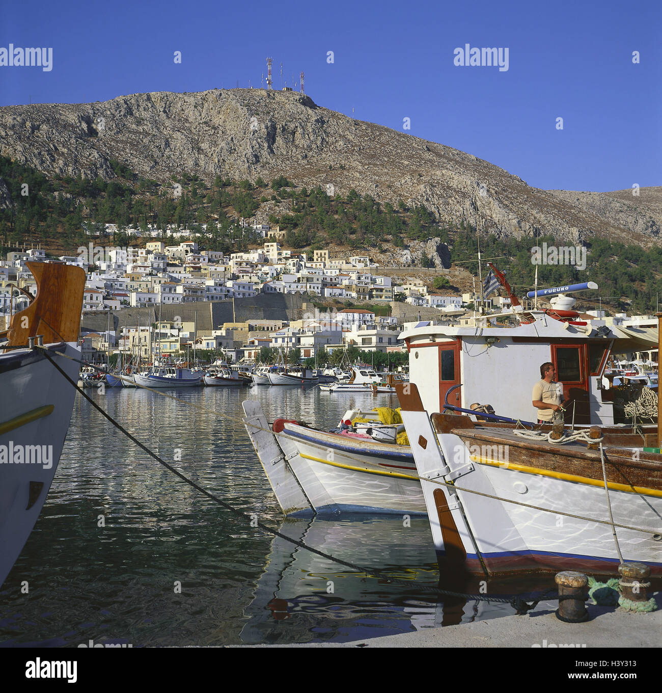 Greece, Kalymnos, Pothia, town view, harbour, fishing boats, fishermen ...