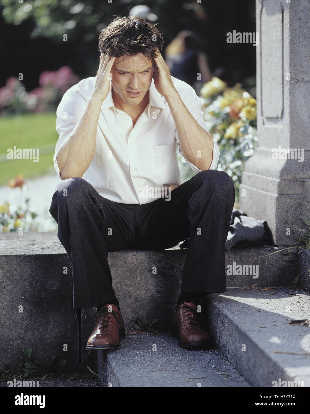 Man, sit sadly, desperately, stairs, outside, young, feeling, mood ...