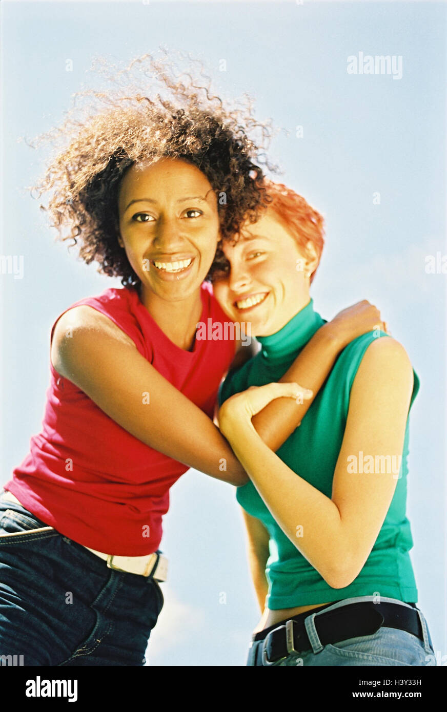 Women, young, friendship, embrace, happy, half portrait, youth, young ...