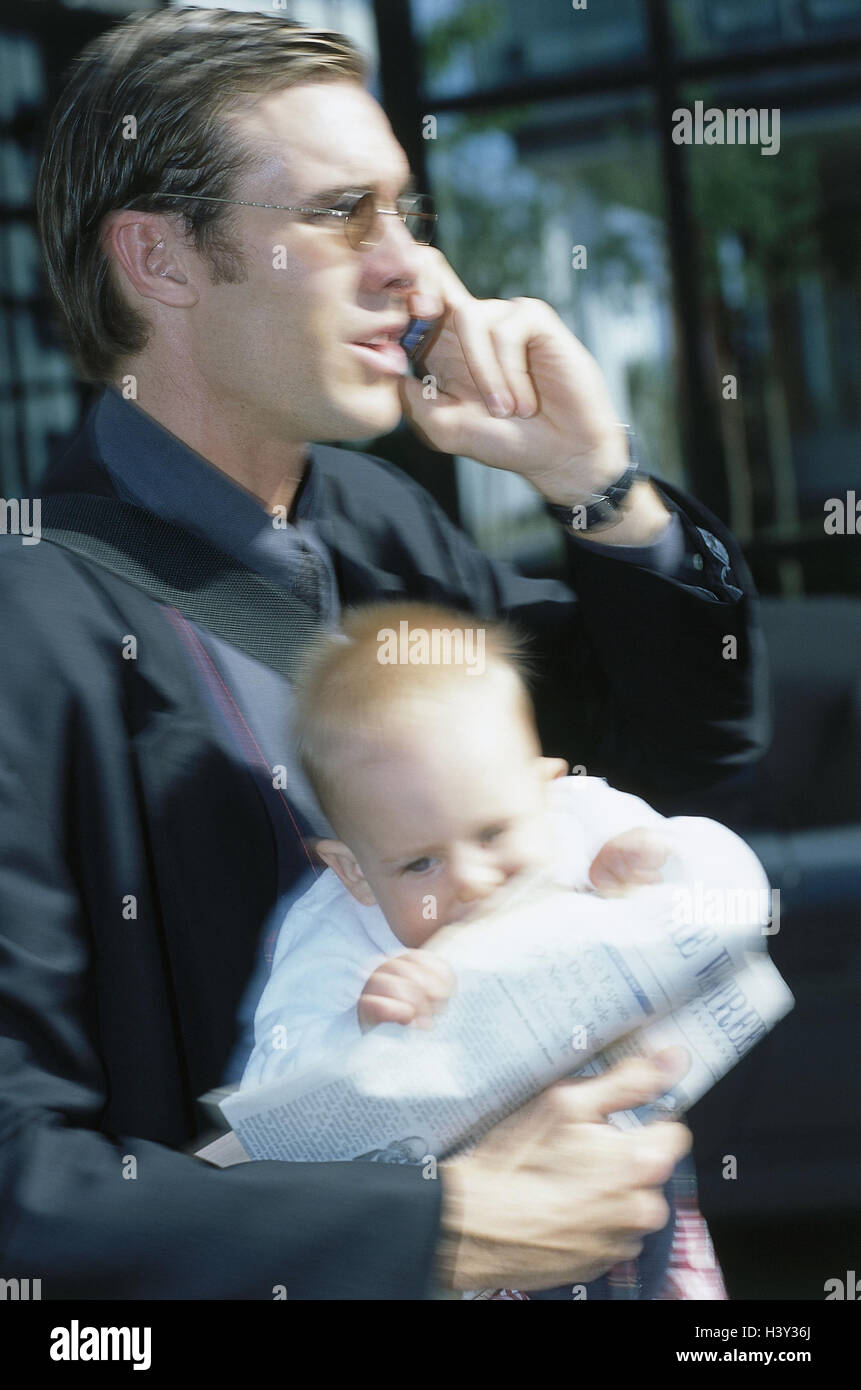 Businessman, child, carry, mobile phone, call up, half portrait, blur ...
