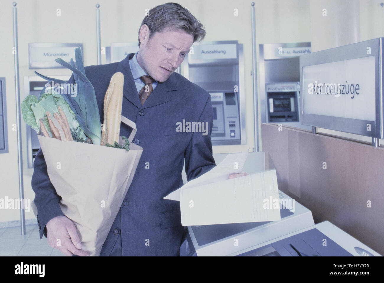 Bank, document printer, man, purchasing bag, bank statements ...
