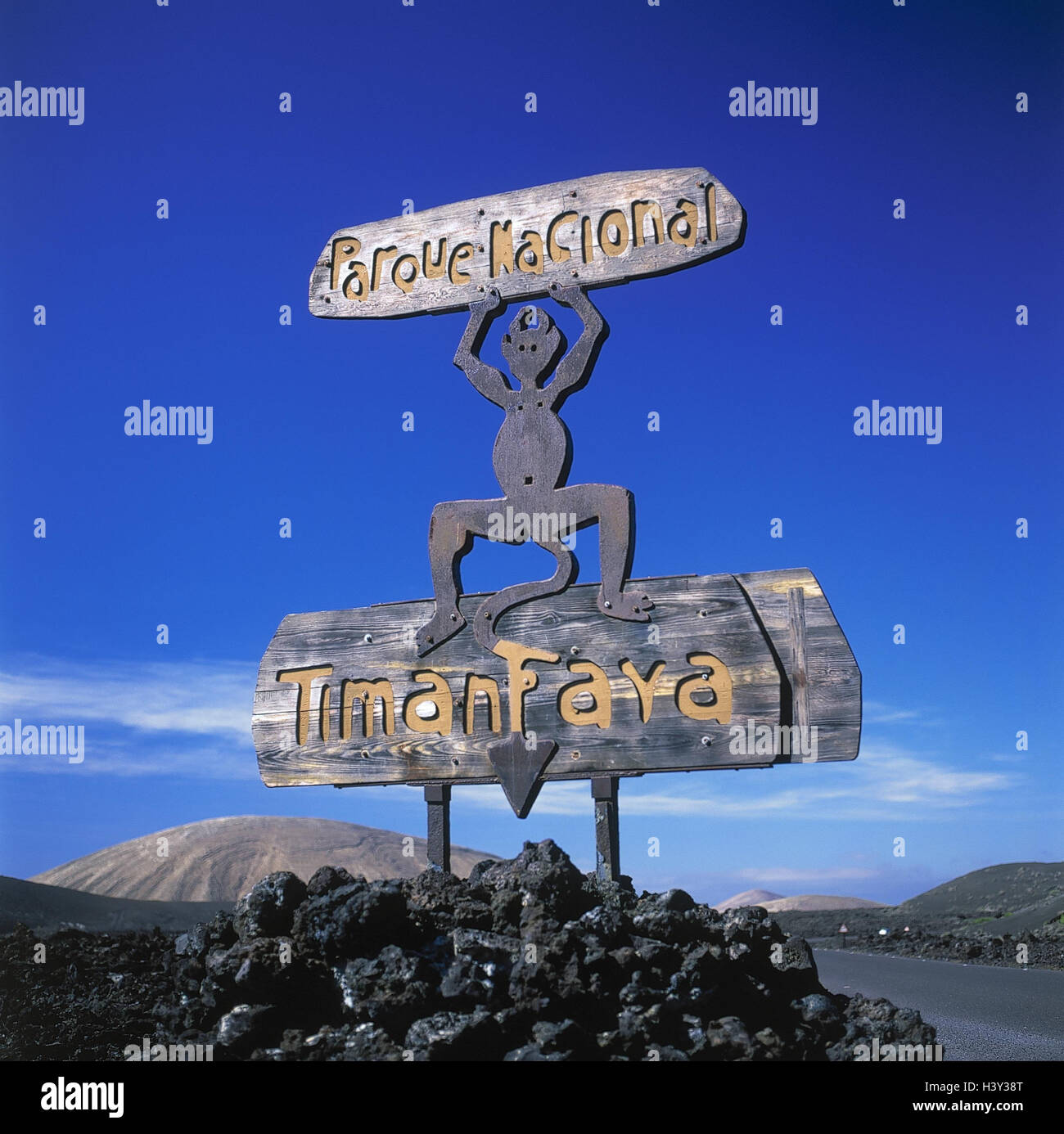 Spain, Lanzarote, Timanfaya, national park, sign, outside, Canary ...