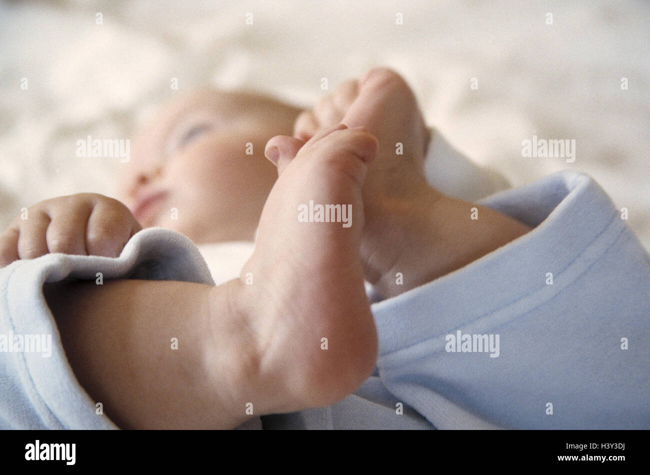 Baby, back position, toes, reach, detail, inside, at home, child ...
