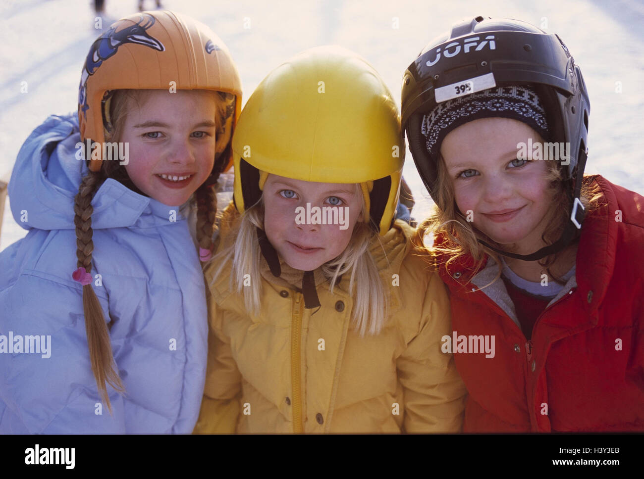 Ski runway, girl, crash helmets, portrait, winter children, friendship ...