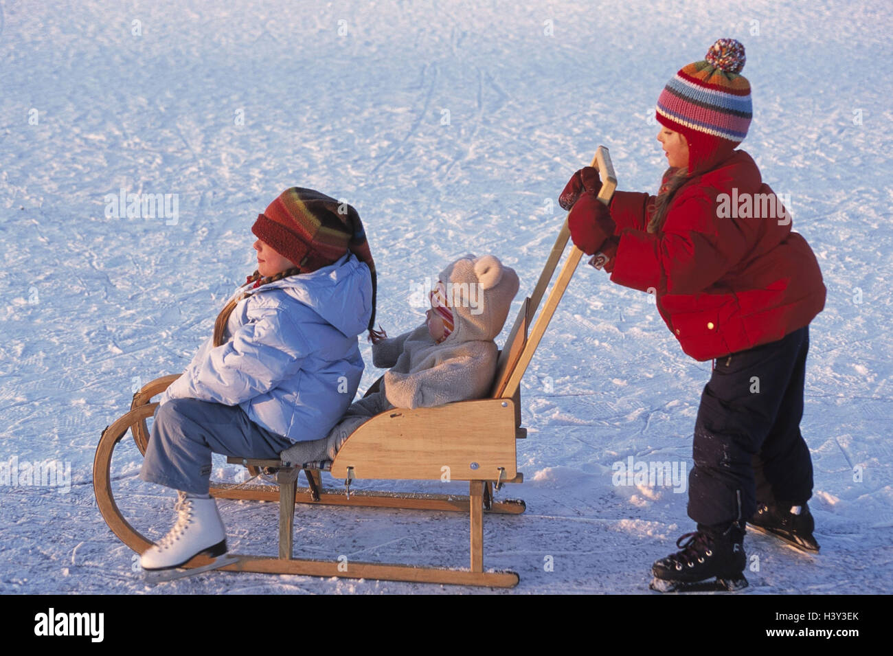 Winters, infants, siblings, friends, three, ice skates push lake ...