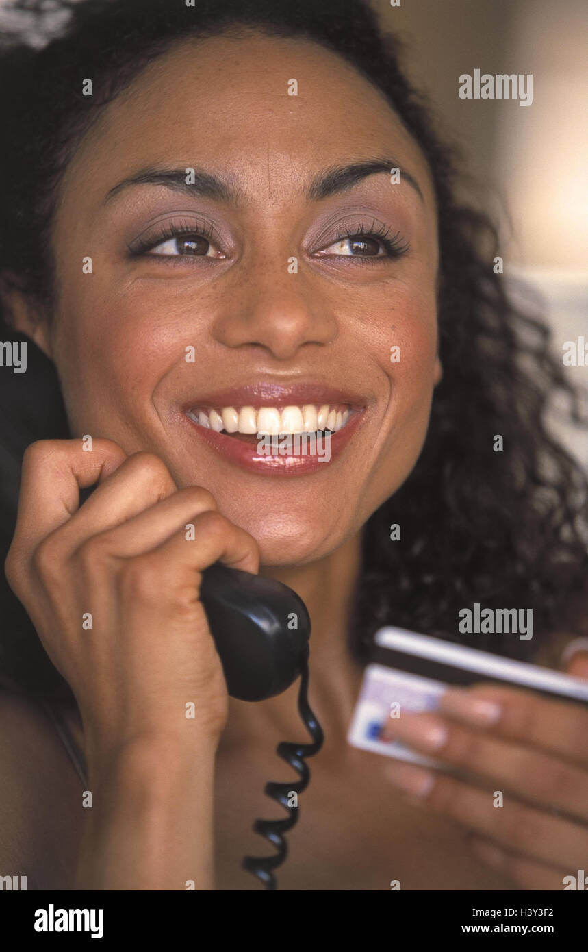 Woman, call up, credit card, portrait, phone, telecommunication ...
