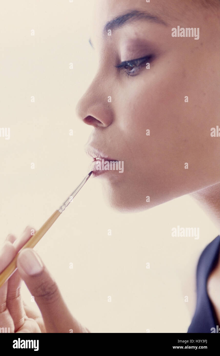 Woman, brush, lipstick, apply, side view, page portrait cosmetics ...