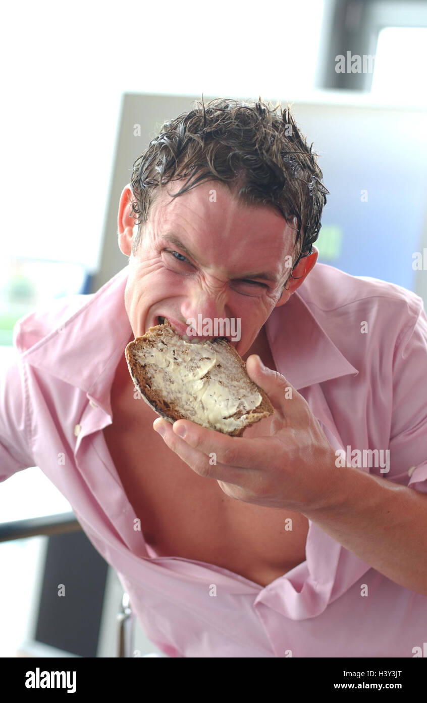 Man, young, bread and butter, bite off, hunger, hungry, bread, spread ...