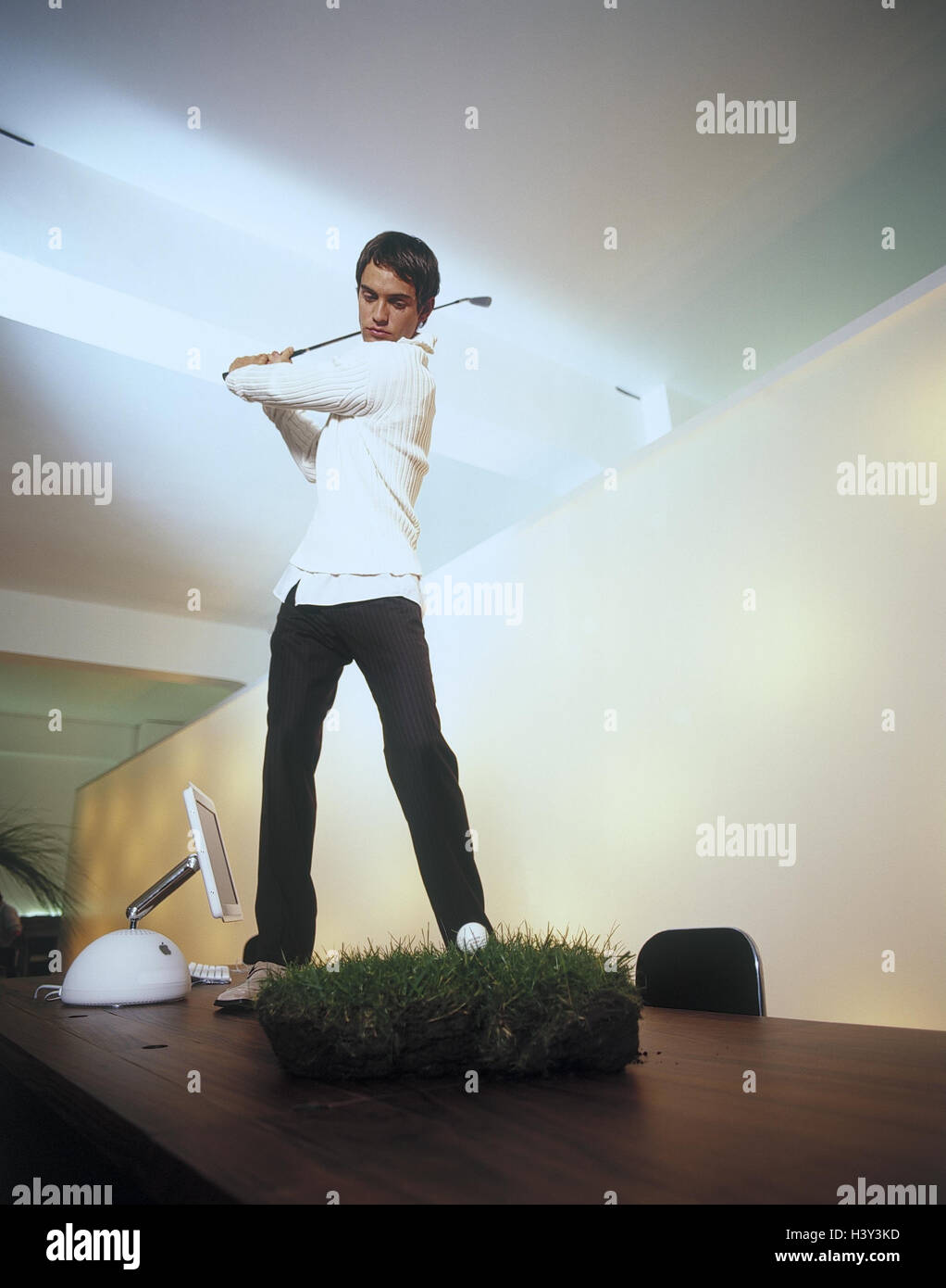 Office, desk, manager, golf play, inside, workplace, man, young, work ...