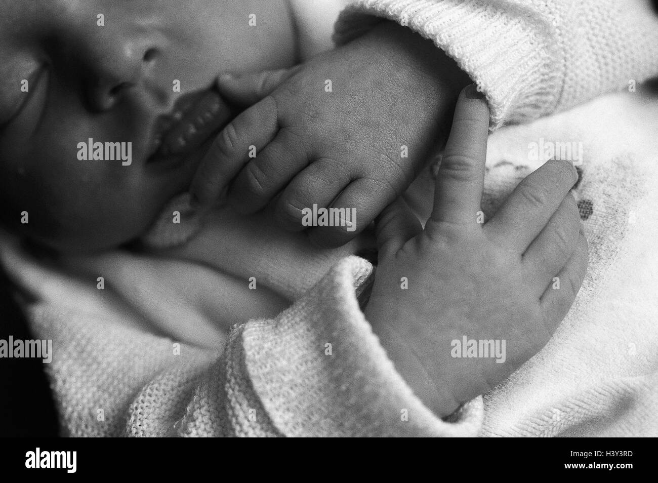 Baby, sleep, detail, hands, b/w, very close, inside, infant, child ...