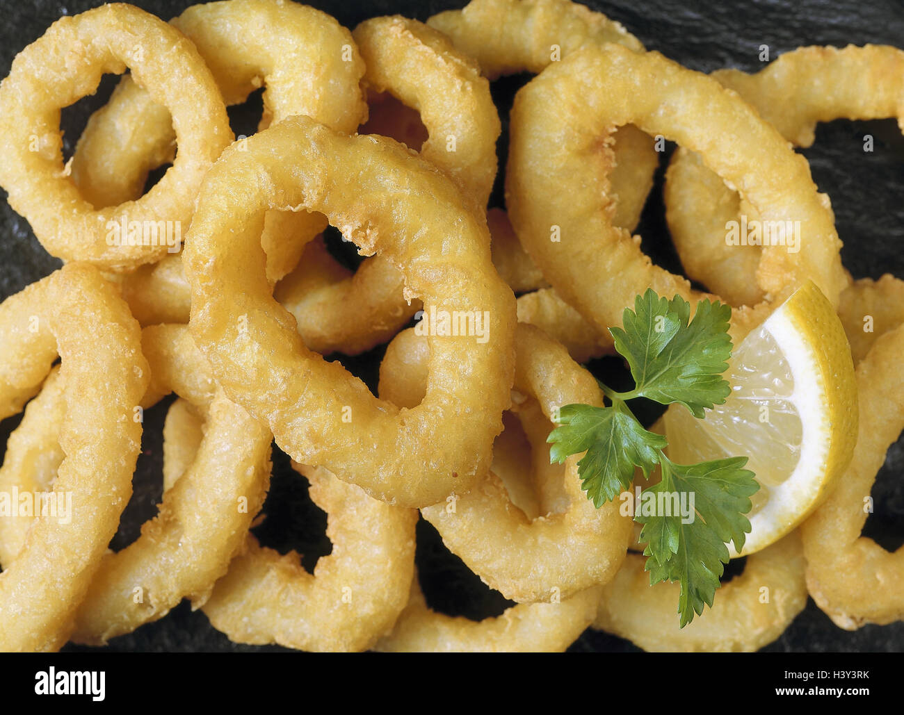Fish dish, baked cuttlefish rings, slice lemon, food, meal, Calamari ...
