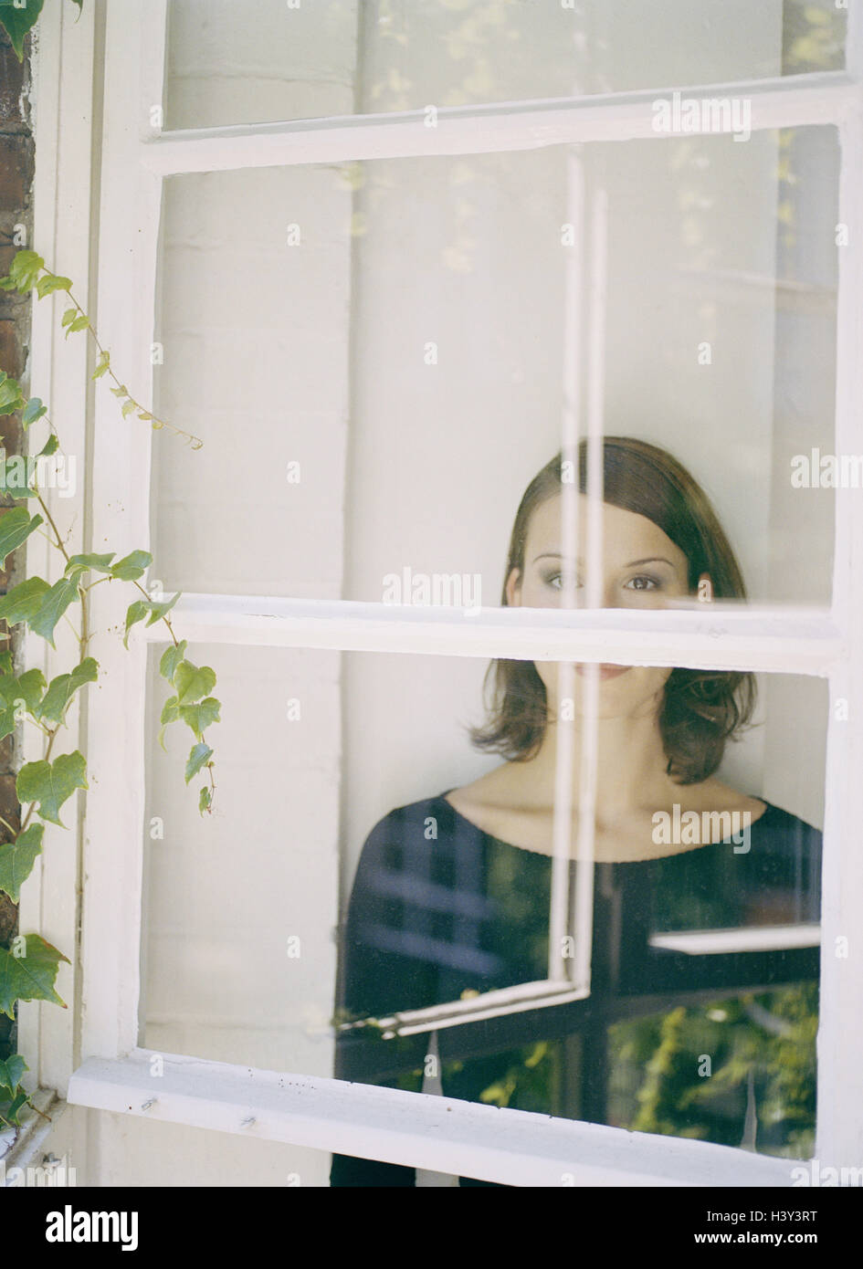 House, window, woman, anxiously, uncertainly, young, hiding place ...