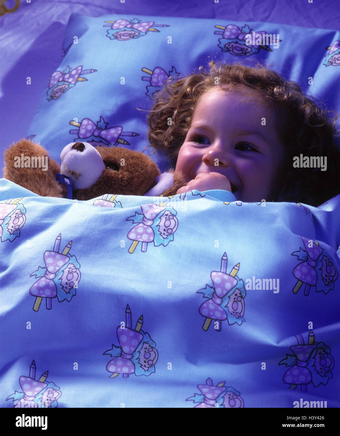 Girls, bed, lie, laugh, teddy bear, fatigue, lie tiredly, cot, child ...