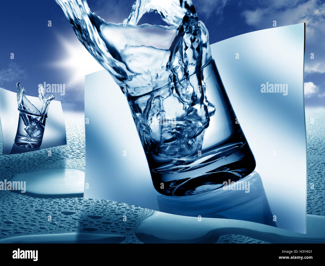 Surrealism, water glasses, ice cubes, tip over, bury, surface, wet ...