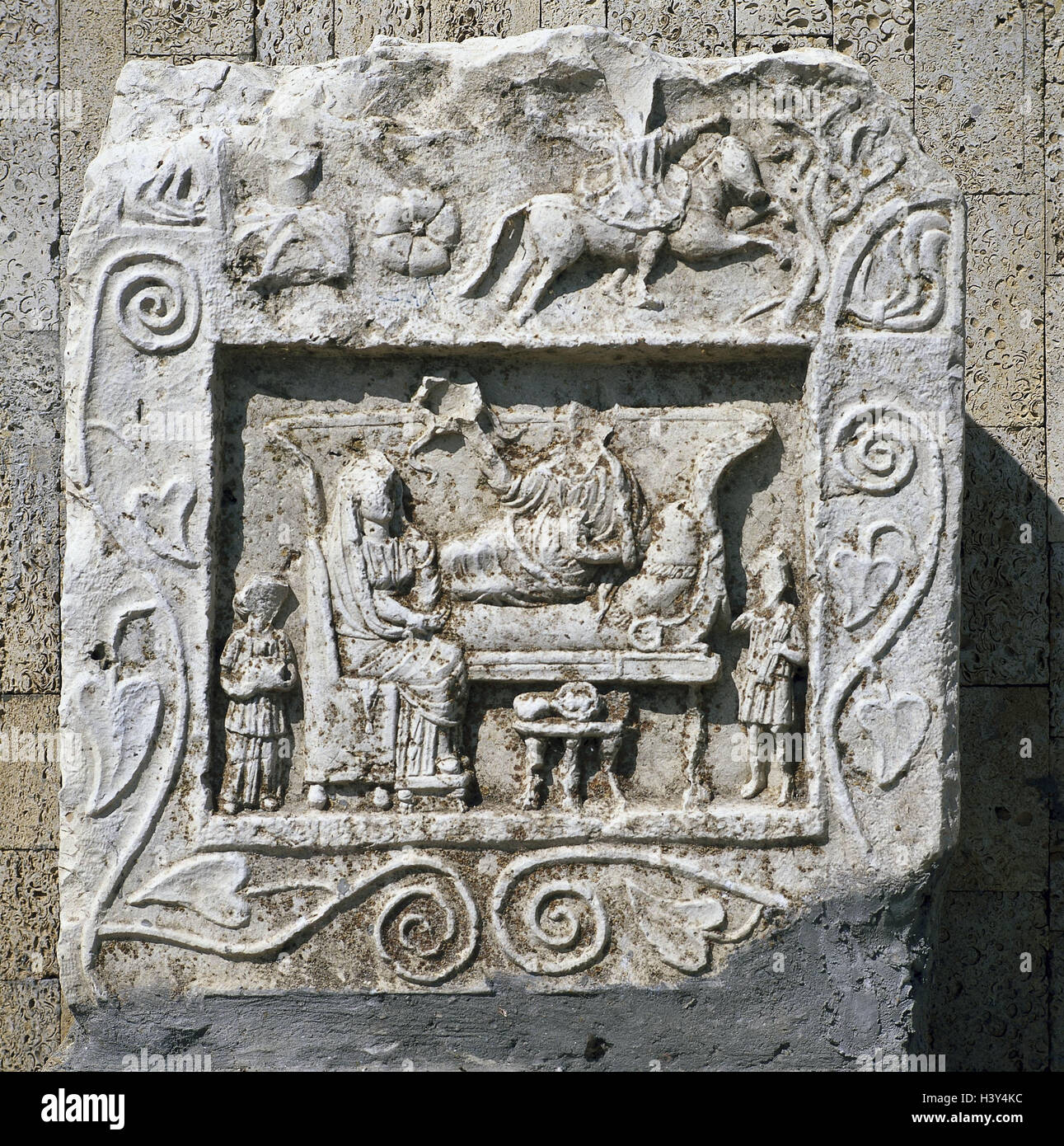 Romania, Constanta, Histria, defensive wall, detail, bas-relief ...