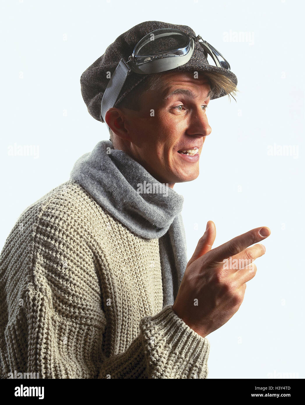 Man, cap, plane glasses, gesture, instruction, portrait, inside, young ...