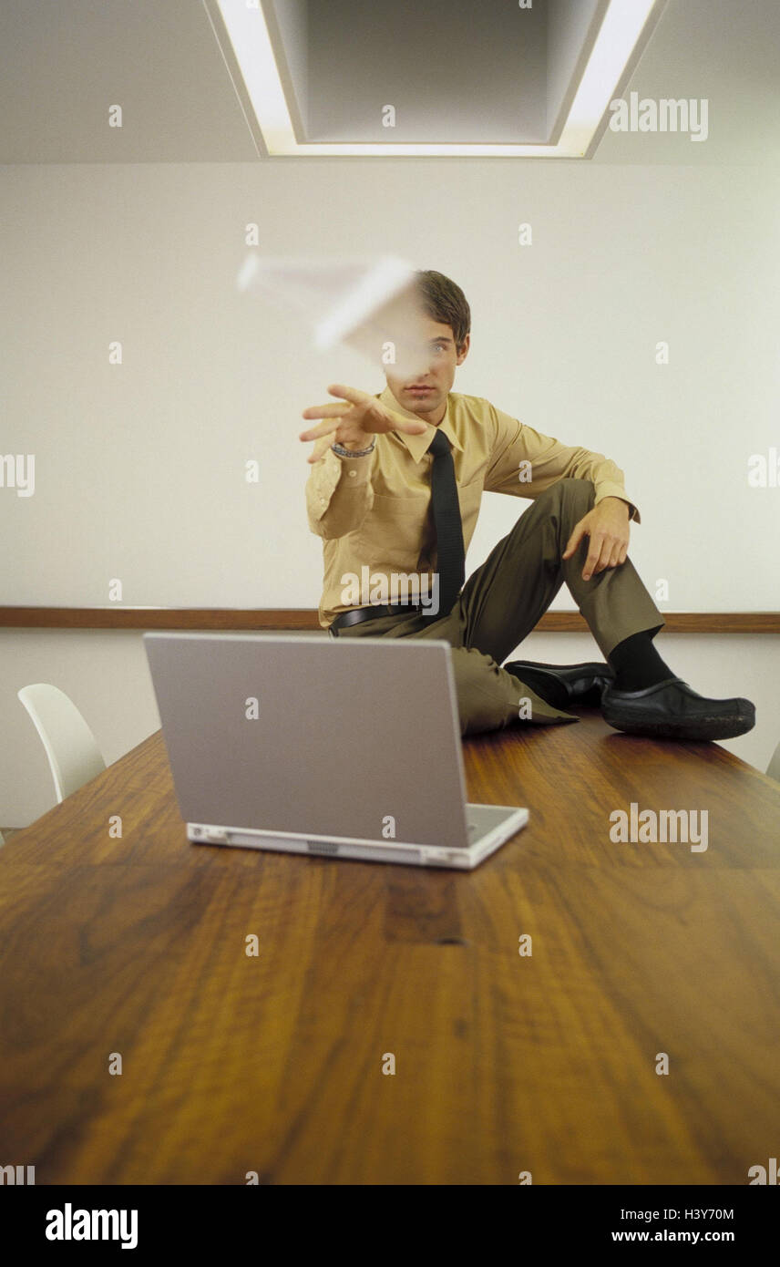 Conference room, table, manager, sit, throw gesture, paper plane ...