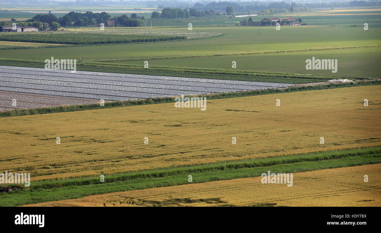 aerial view of the plain with fields in the po plain valley in italy ...
