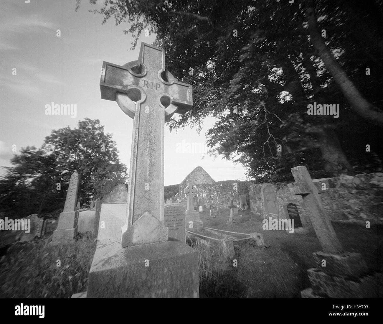 Great Britain, Scotland, Arisaig, cemetery, tombs, b/w, memorial, place ...