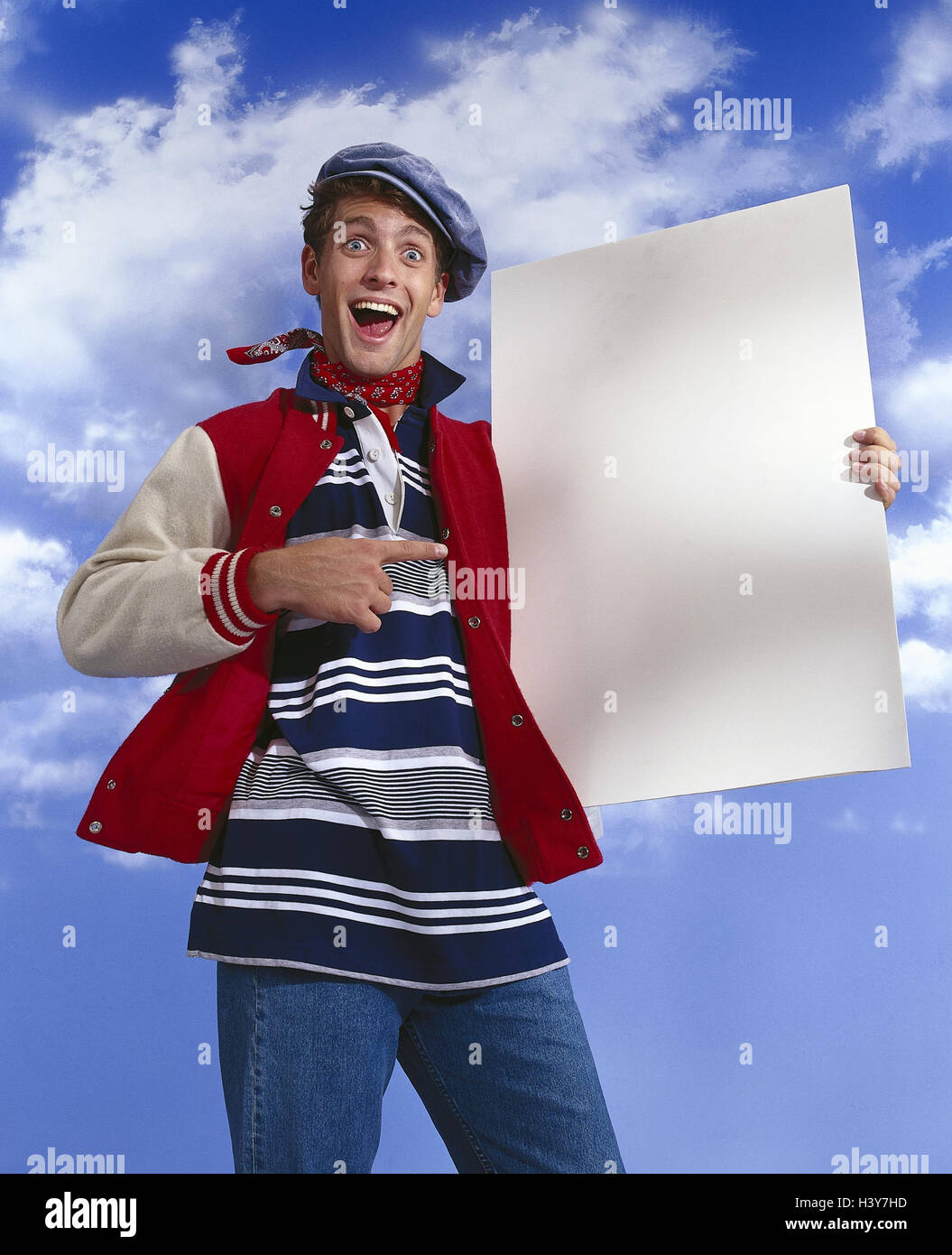 Composing, man, young, happy, poster, advertising media, present ...