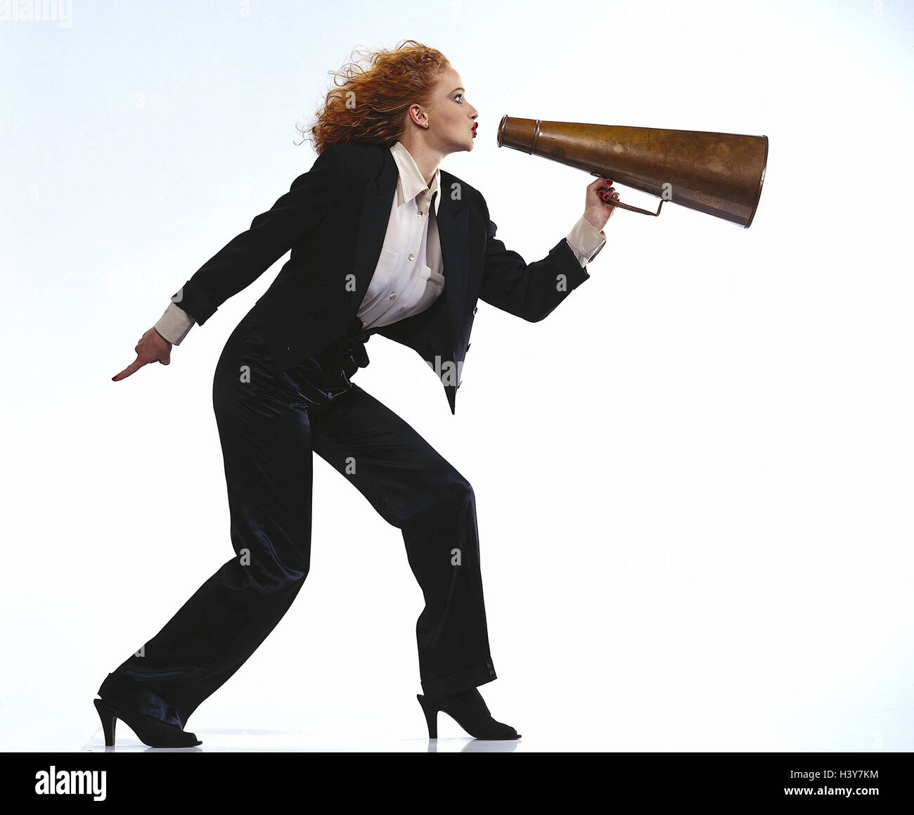 Woman, megaphone, gesture, point young, suit, red-haired, advertisement ...
