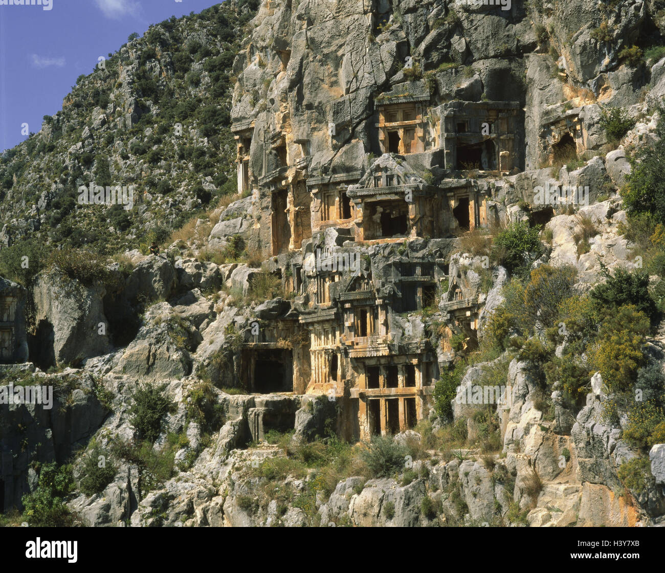 Turkey, Myra, rock tombs, Europe, tombs, cliff face, shrubs, outside ...