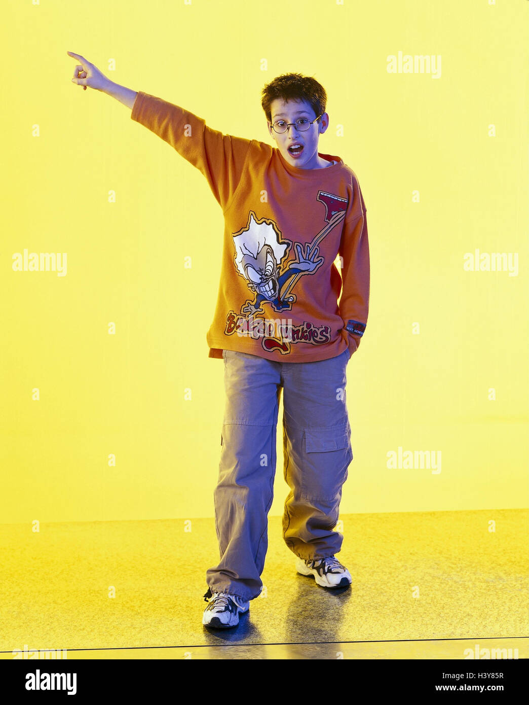 Boy, glasses, gesture, pointing, child, childhood, attention, indicate ...