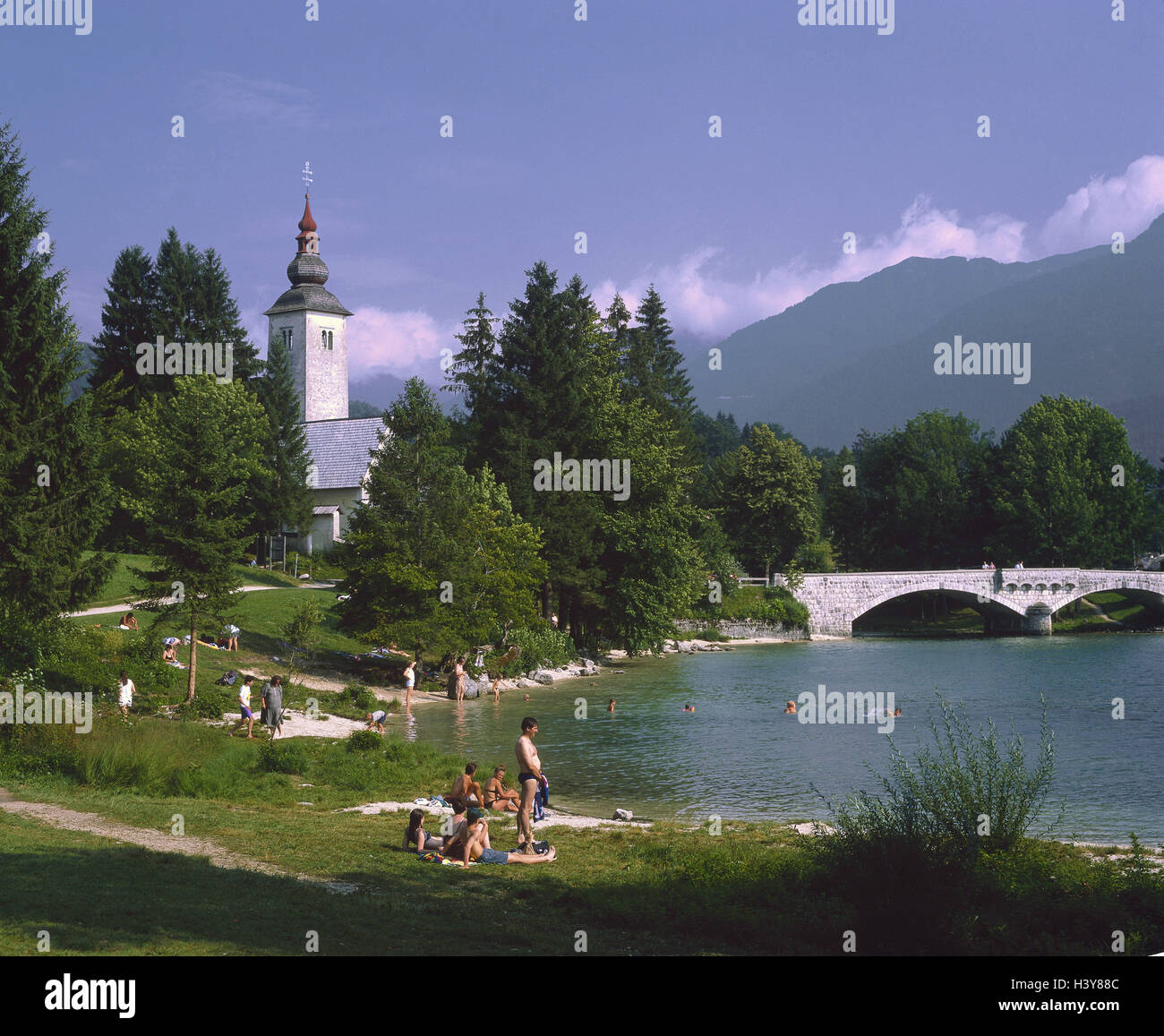 Slovenia, Wocheiner lake, bathers, Johanniskirche, Europe, lake ...