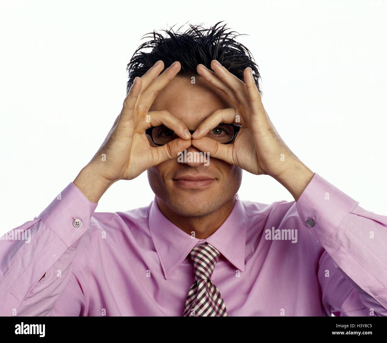 Man, young, glasses, gesture, see, portrait, carefully, attention ...
