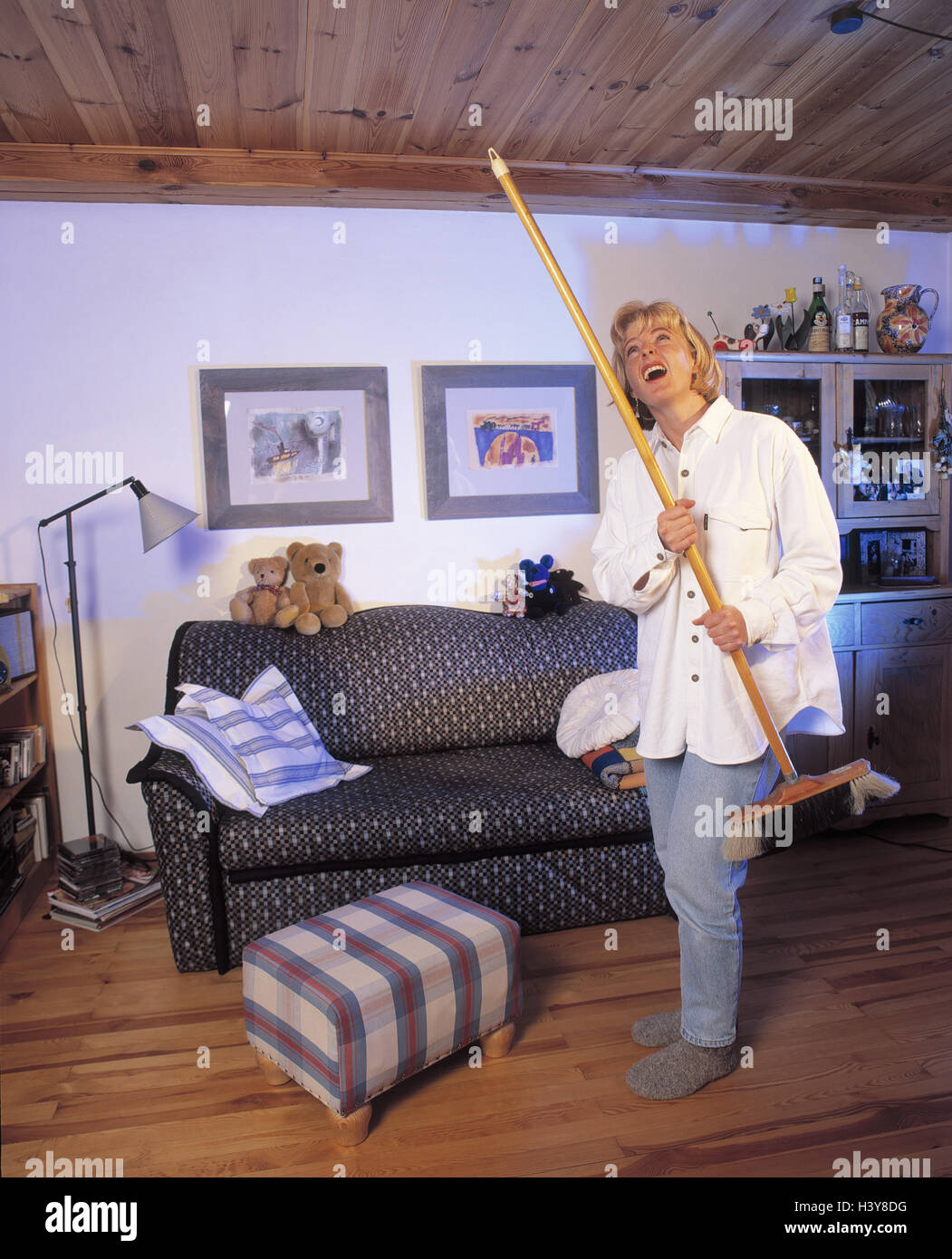 Woman, young, furiously, brooms, knock, room caps, sitting rooms ...