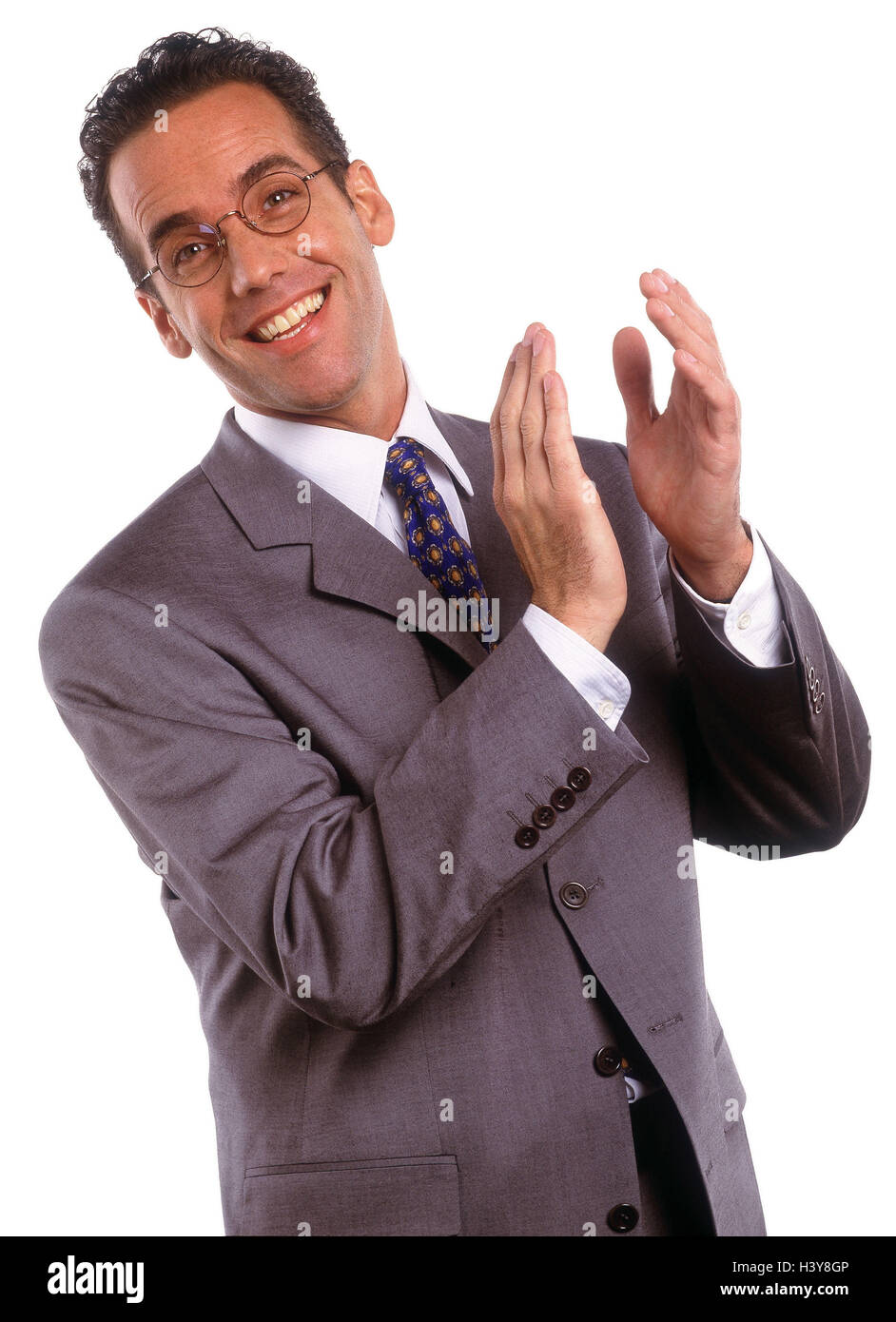 Man, suit, glasses, gesture, applause, half portrait, Men, studio ...