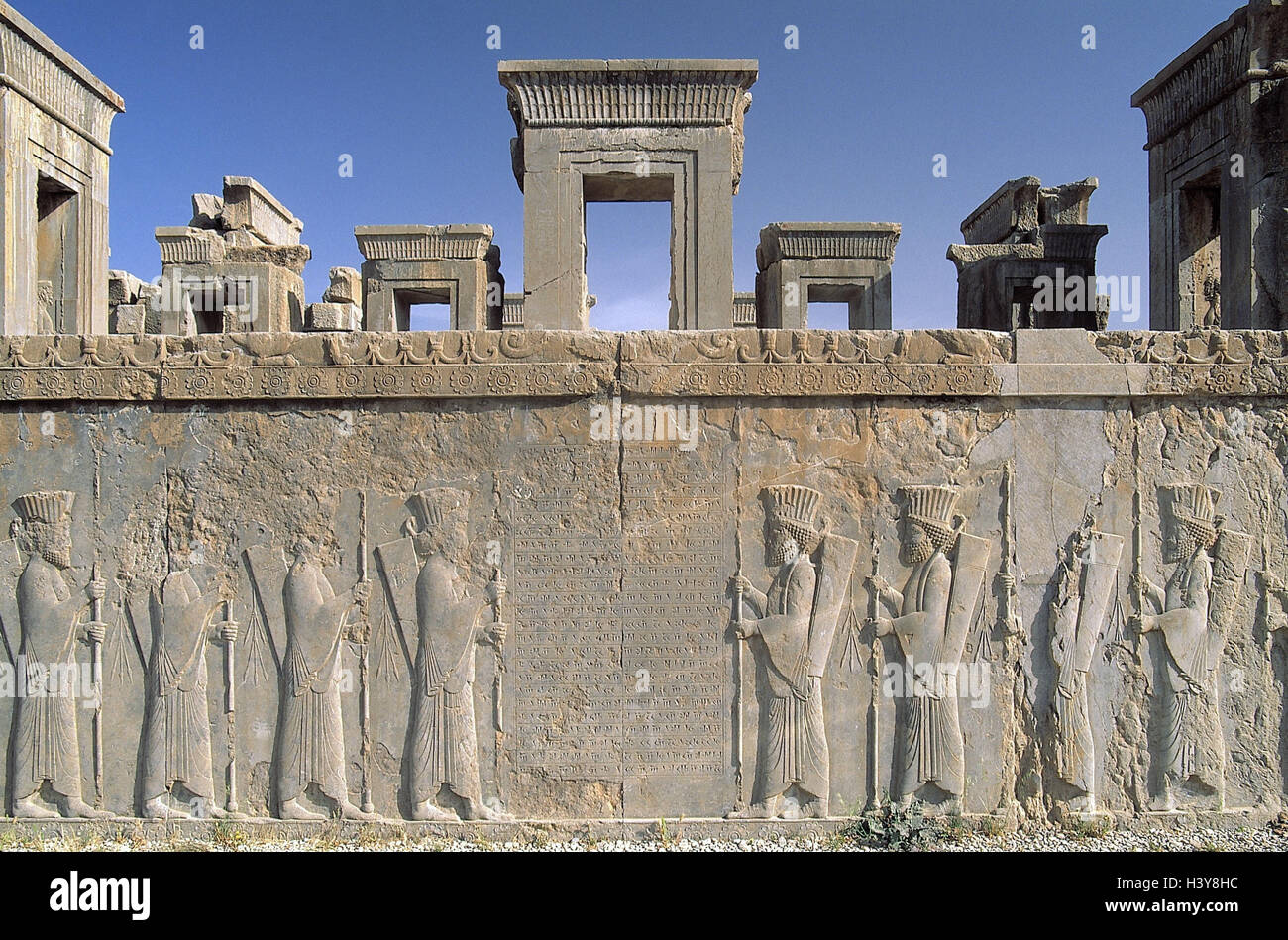 Iran, Persepolis, temple ruins, defensive wall, relief, close Shiraz ...