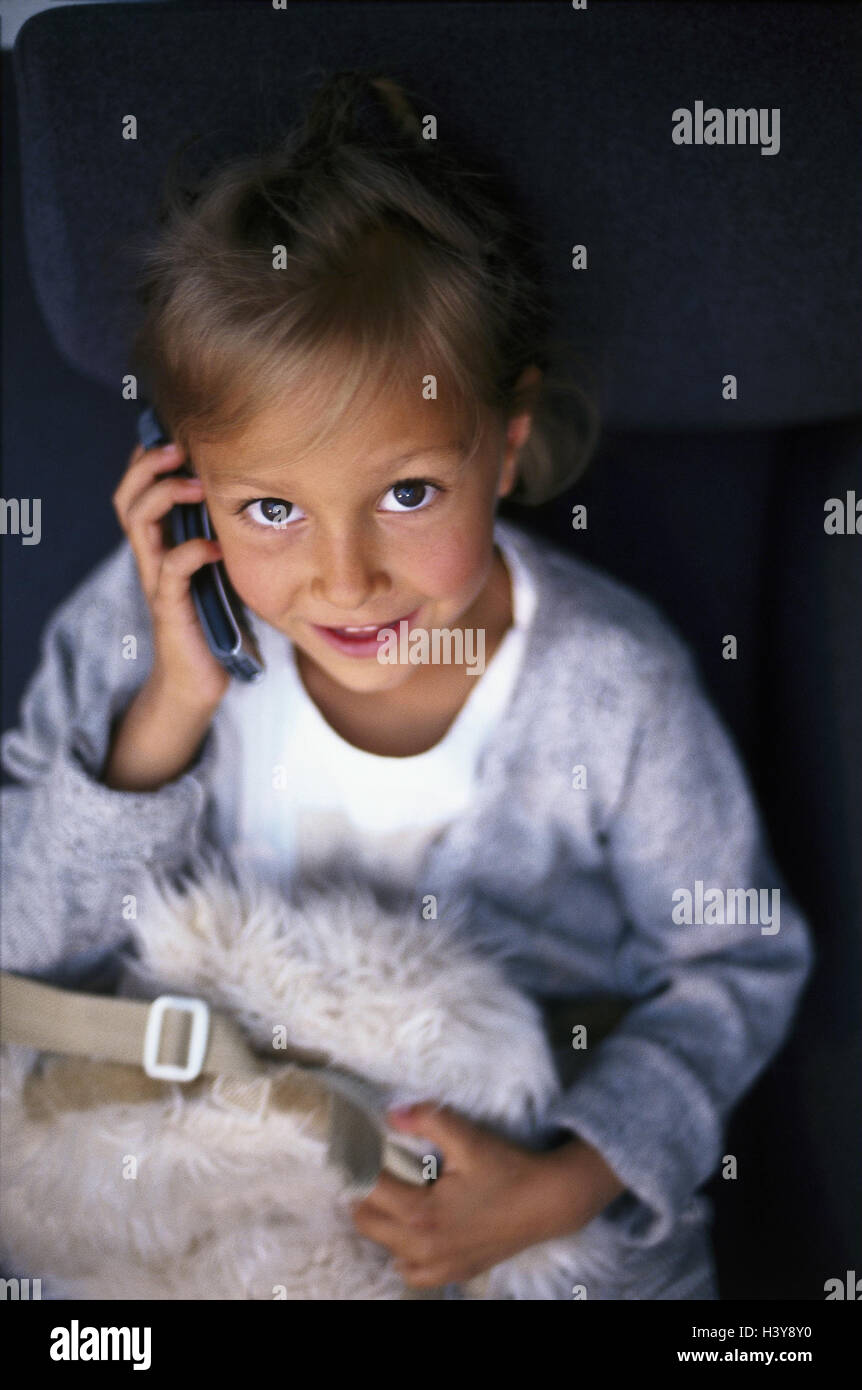 Sofa, girl, call up, glad inside, couch, child, phone, portable ...