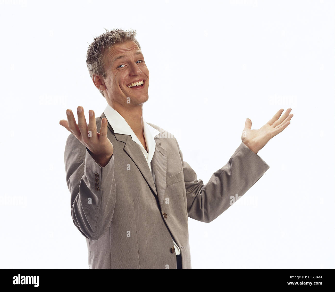 Man, young, smile, gesture, unsuspectingly, happy, calmly, Men, studio ...