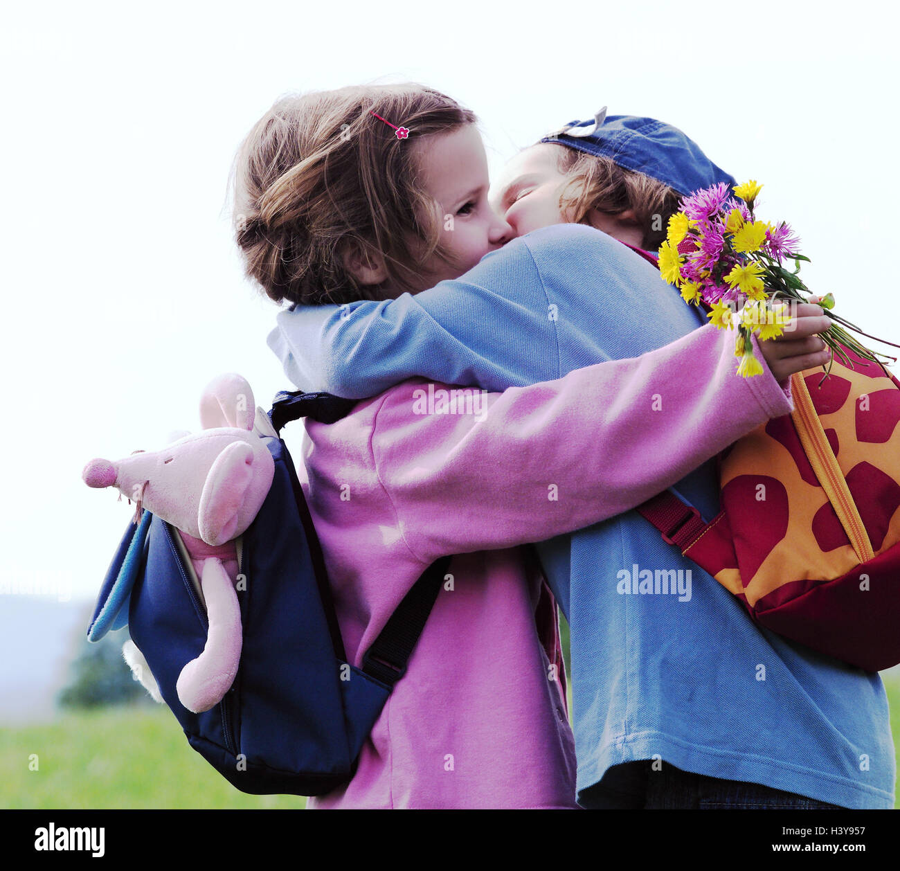 Meadow, girl, embrace, children, 4-5 years, infants, friends ...