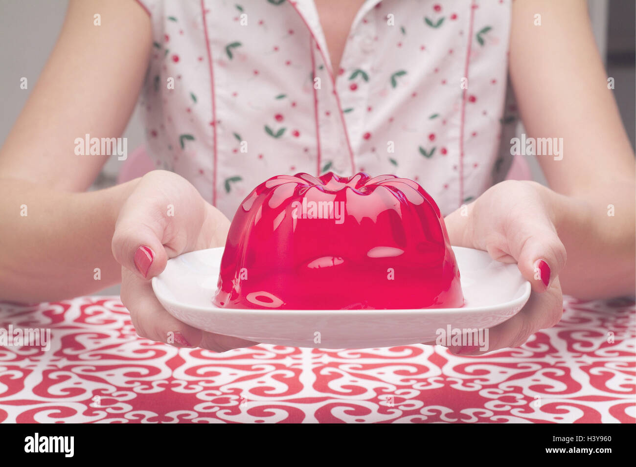 Woman, hands, plates, jello,, red, holds, detail Series, women hands ...