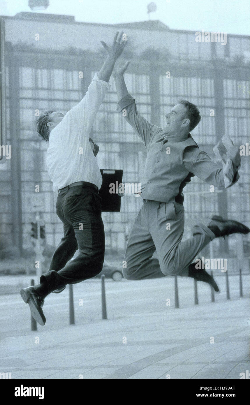 Town, manager, two, gesture, cheering, caper, b/w, outside, business ...