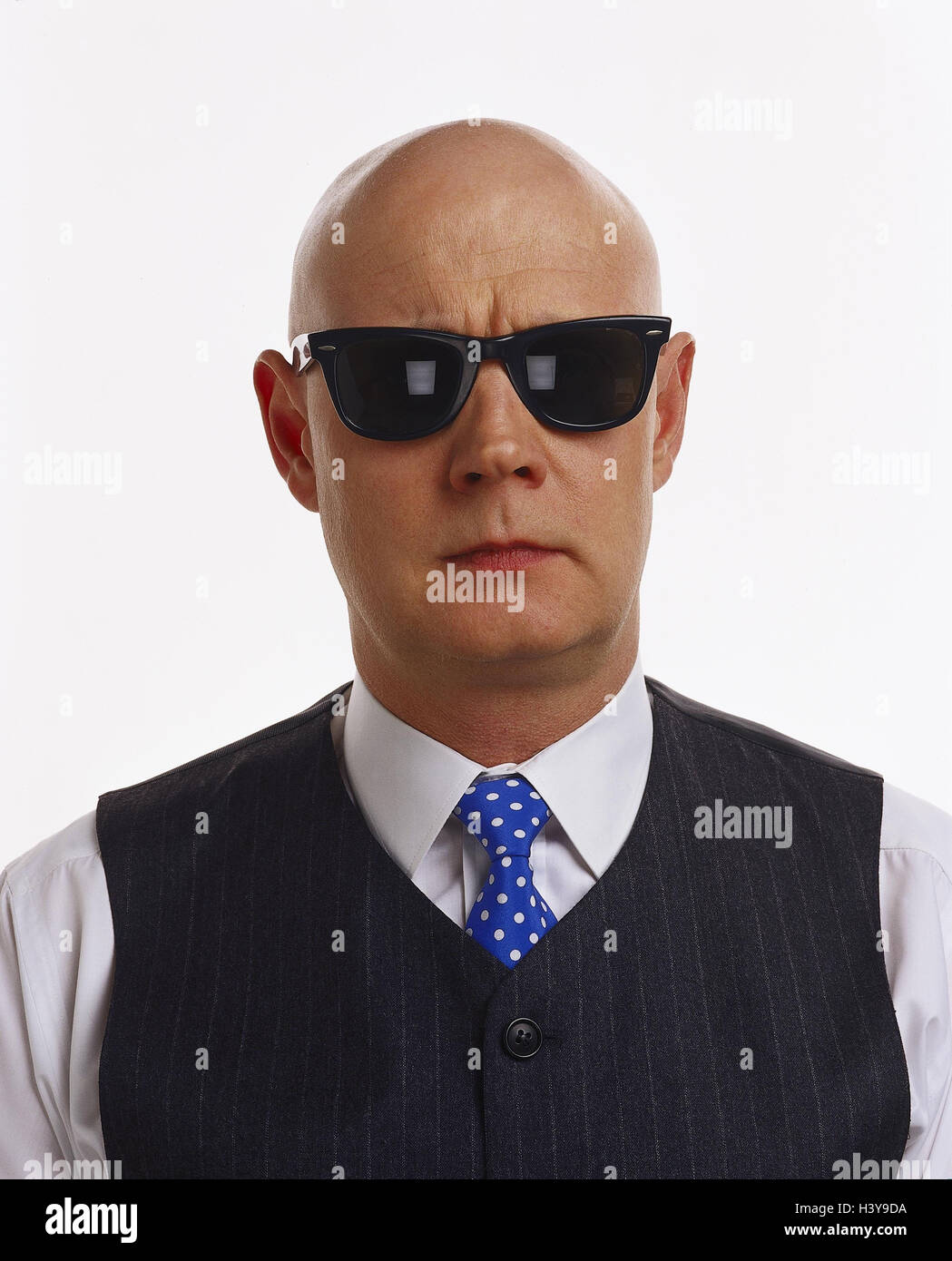 Man, bald head, sunglasses, shirt, waistcoat, tie, facial play ...