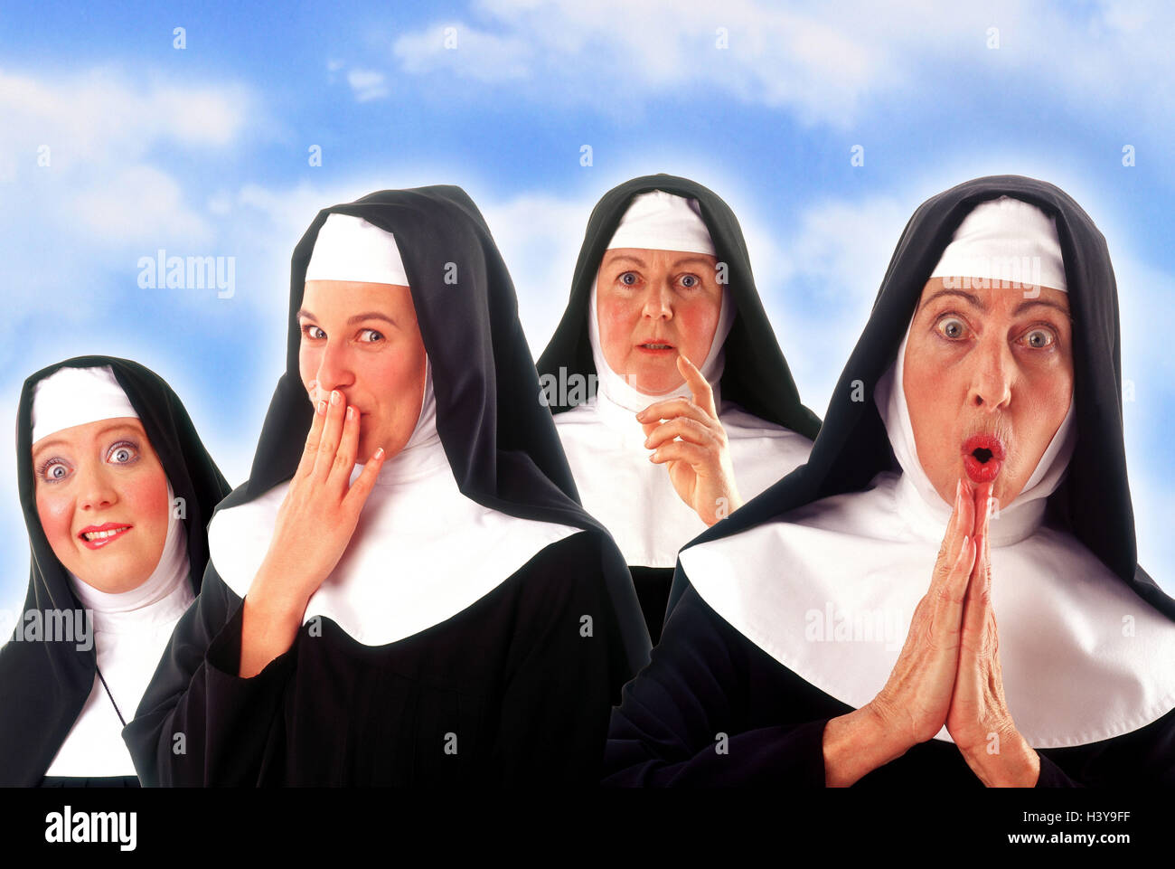 Nuns, four, gesture, half portrait, Composing, professions, studio ...