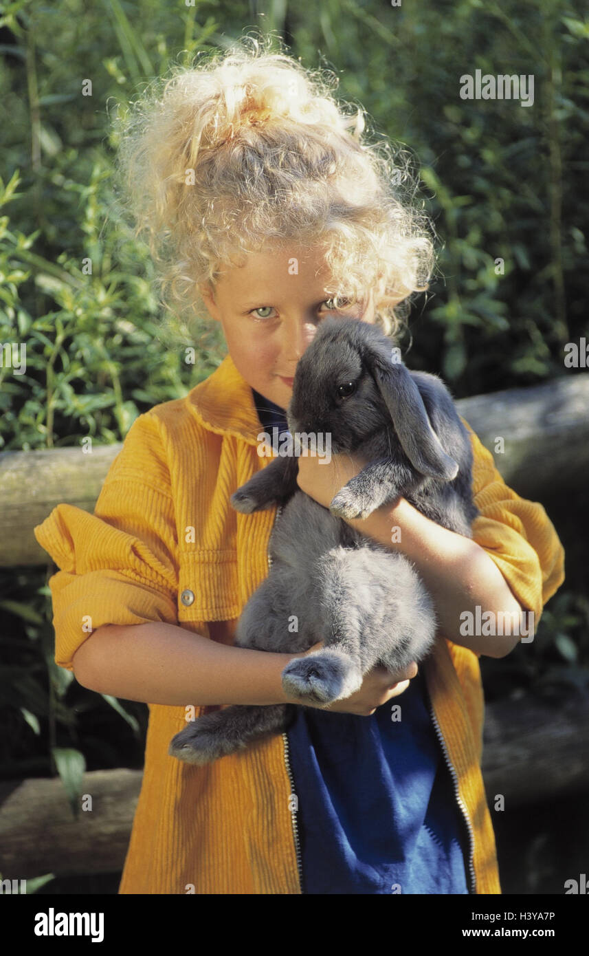 Girls, rabbits, carry, half portrait, outside, summers, leisure time ...