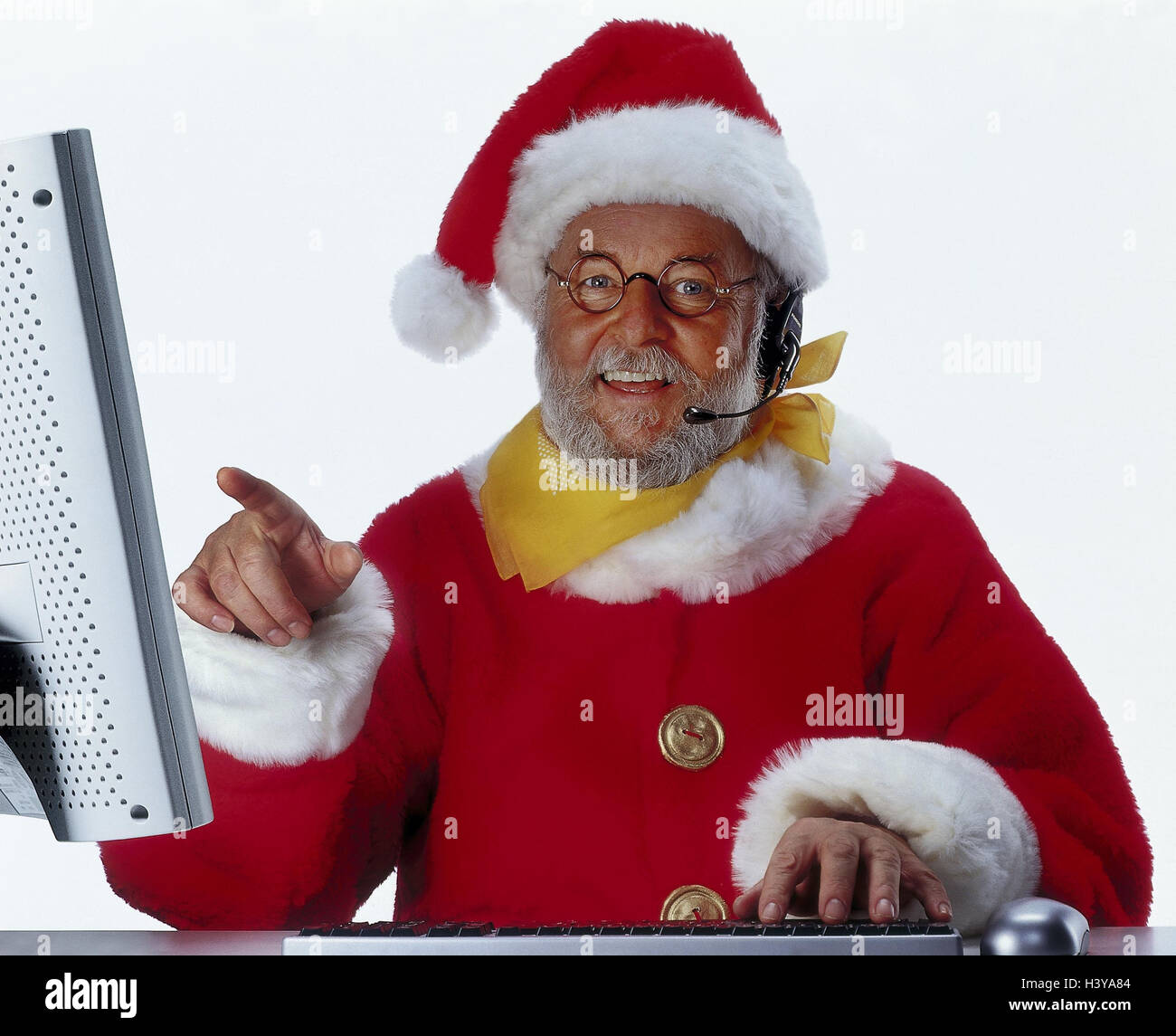 Santa Claus, computer, headset, gesture, portrait, studio, cut out ...